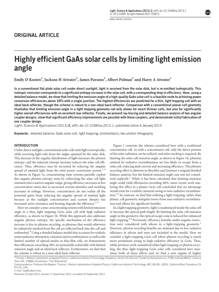 13highly Efficient GaAs Solar Cells by Limiting Light Emission | PDF ...