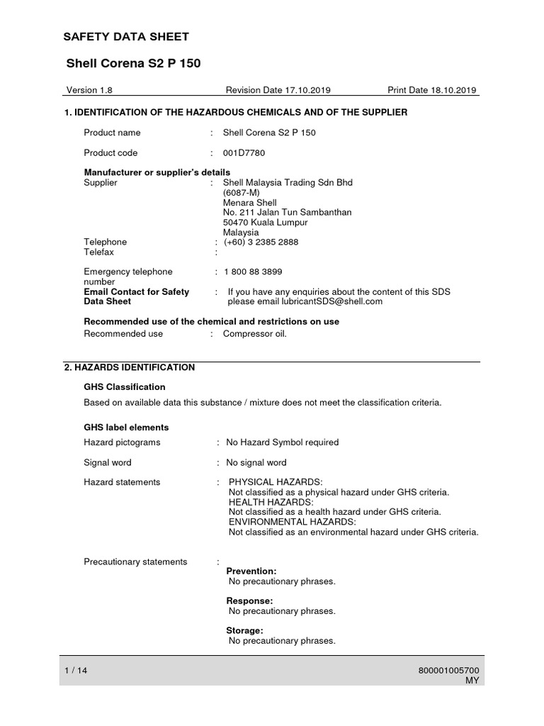 SDS SHELL CORENA S2 Eng | PDF | Dangerous Goods | Toxicity