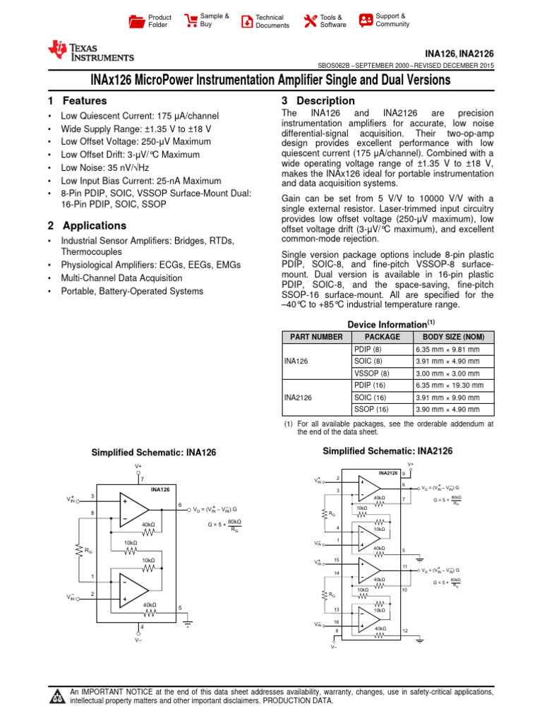 Ina126 Ic Datasheet | PDF | Amplifier | Electrostatic Discharge