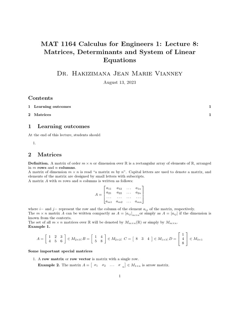 Math 1164 Lecture 8 | PDF | Matrix (Mathematics) | Functional Analysis