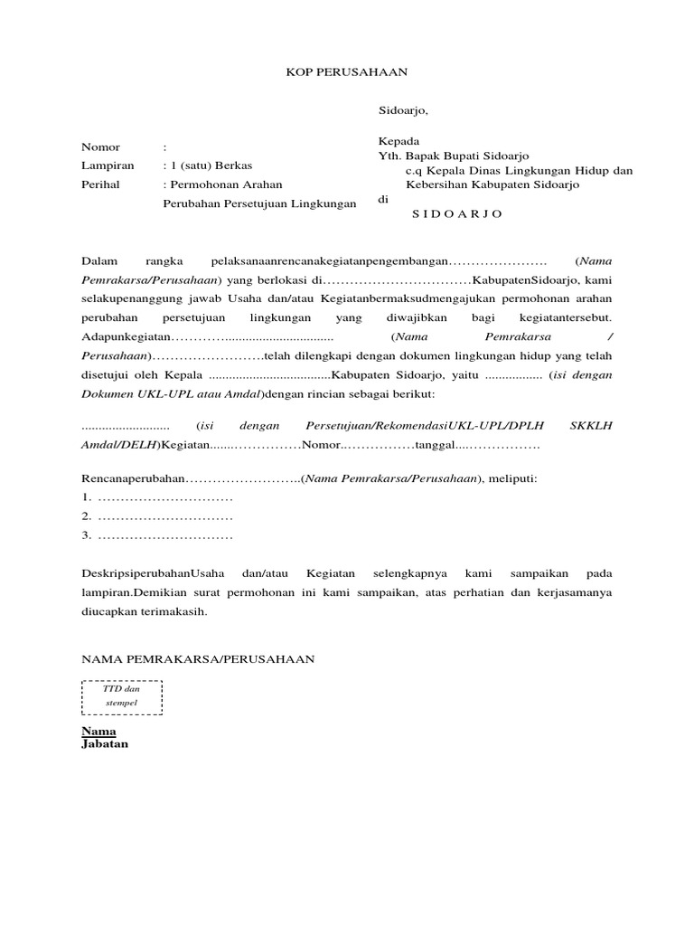 Contoh Surat Arahan Perubahan Persetujuan Lingkungan Kabupaten Sidoarjo ...