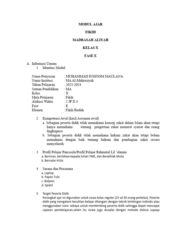 Modul Ajar Fikih Isom Fase e | PDF