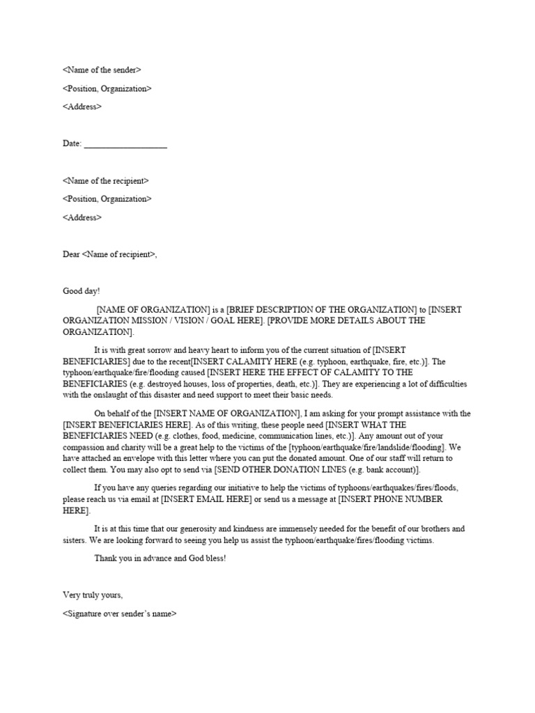 Solicitation Letter Sample Template For Donation Drive For Calamity ...