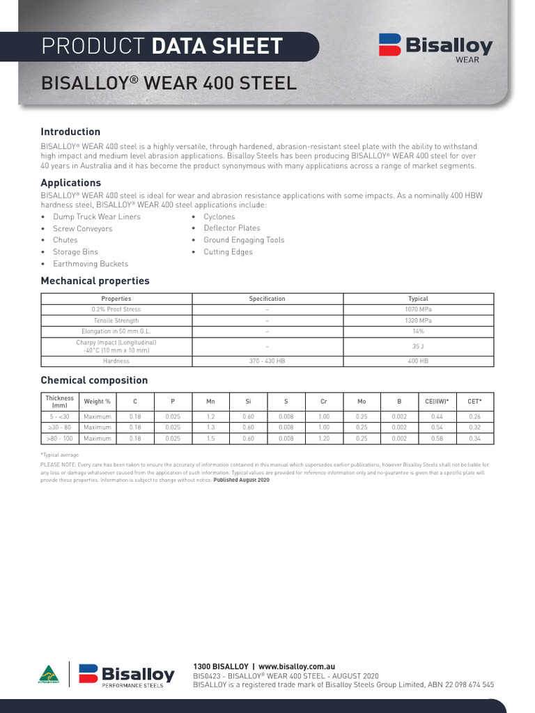 Bisalloy® Wear 400 Steel | PDF | Steel | Wear