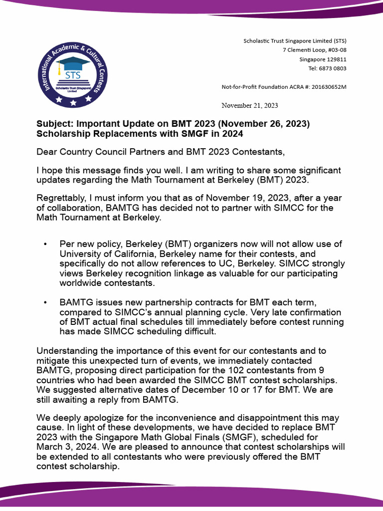 SIMCC BMT Announcement | PDF