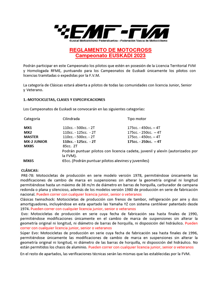 MX REGLAMENTO FVM 2023 + Clásicas | PDF | Motocicleta