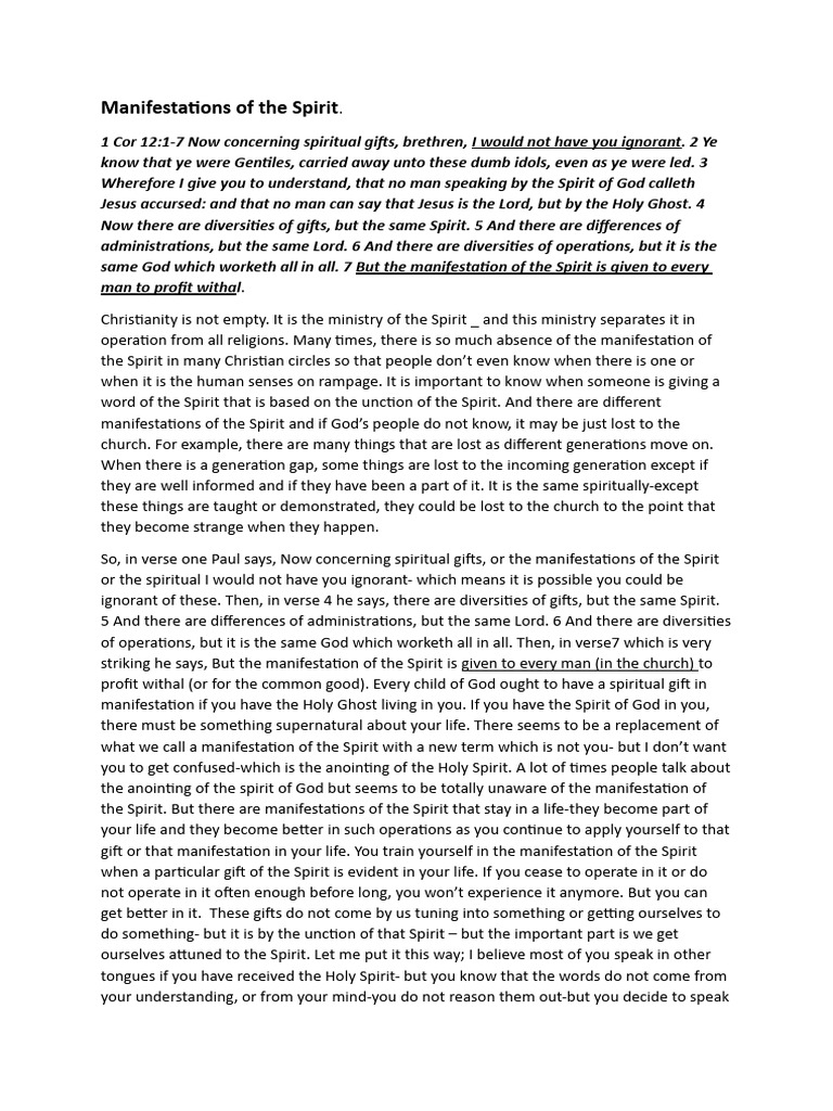 Manifestations of The Spirit | PDF | Spiritual Gift | Holy Spirit