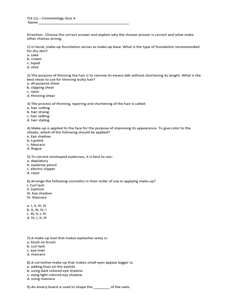 Cosmetology Quiz: Makeup & Nail Care | PDF | Hair | Hairstyle