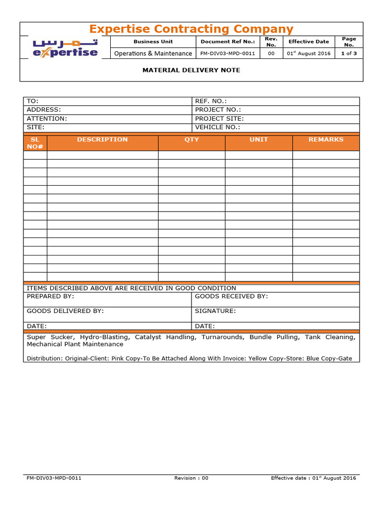 Fm-Div03-Mpd-0011 Material Delivery Note | PDF | Business