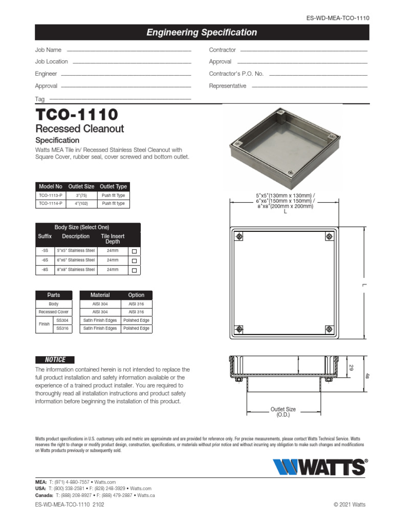 Recessed Stainless Steel Cleanout Specs | PDF | Metals | Steel