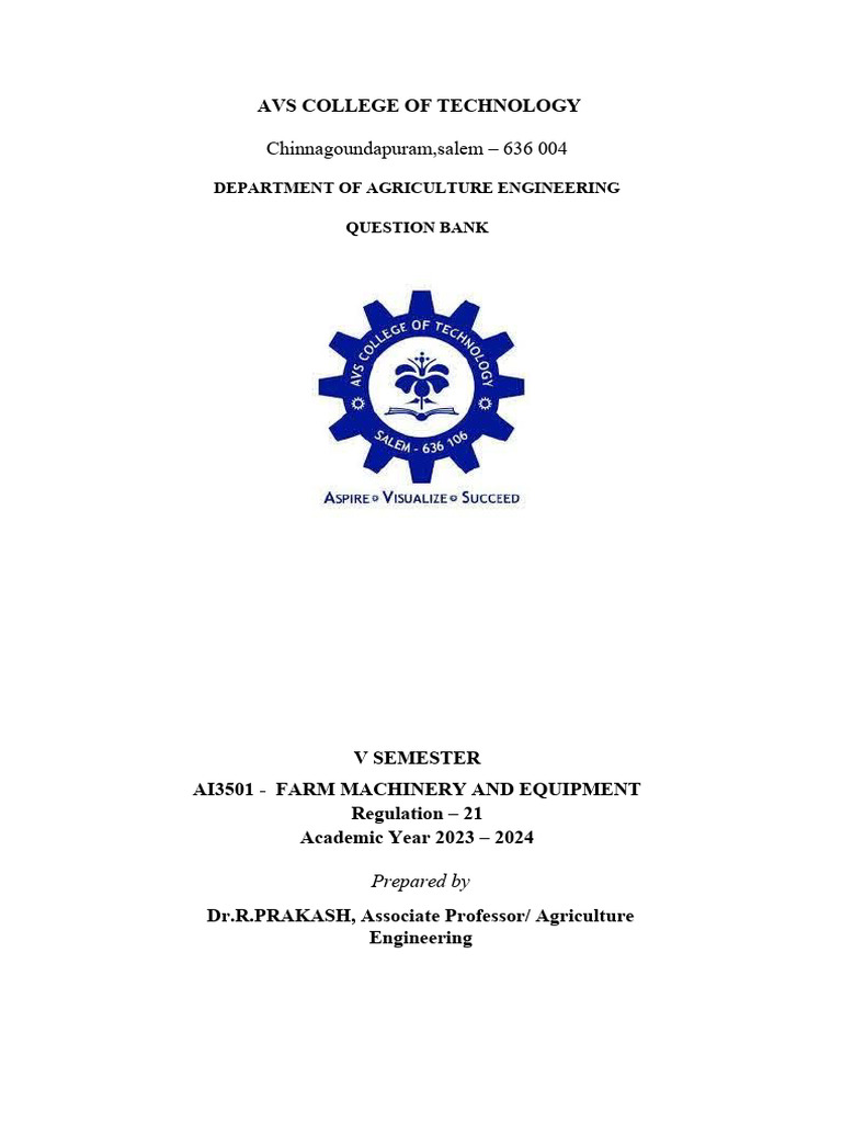 Farm Machinery & Equipment Question Bank | PDF | Plough | Agricultural ...