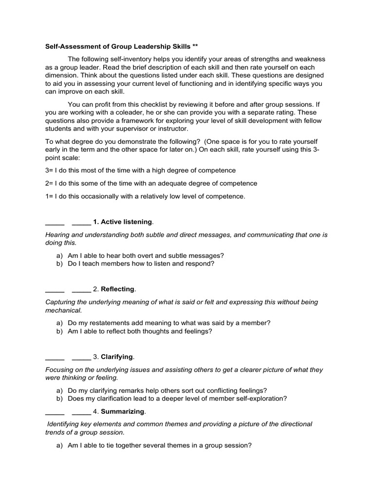 Group Leadership Skills Self-Assessment | PDF | Empathy | Behavior