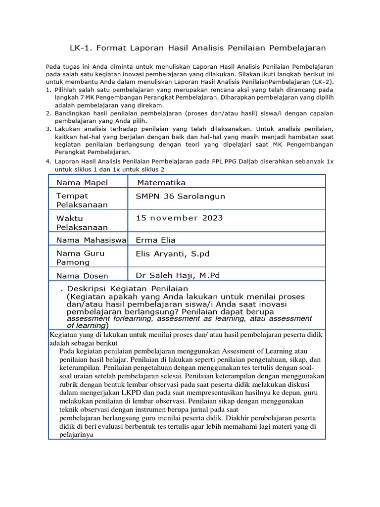 LK. 1. Asessmen Pembelajaran Hasil Analisis Siklus 2 | PDF