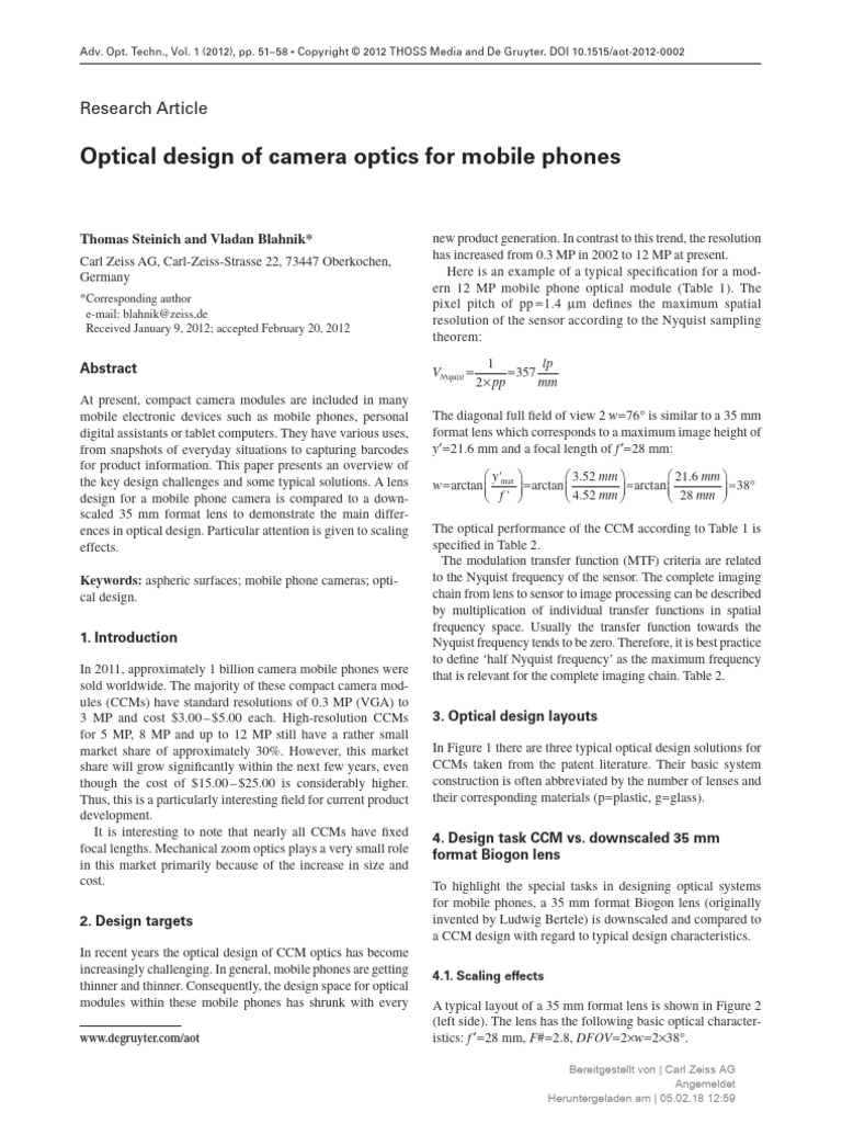 Advanced Optical Technologies Optical Design of Camera Optics For ...