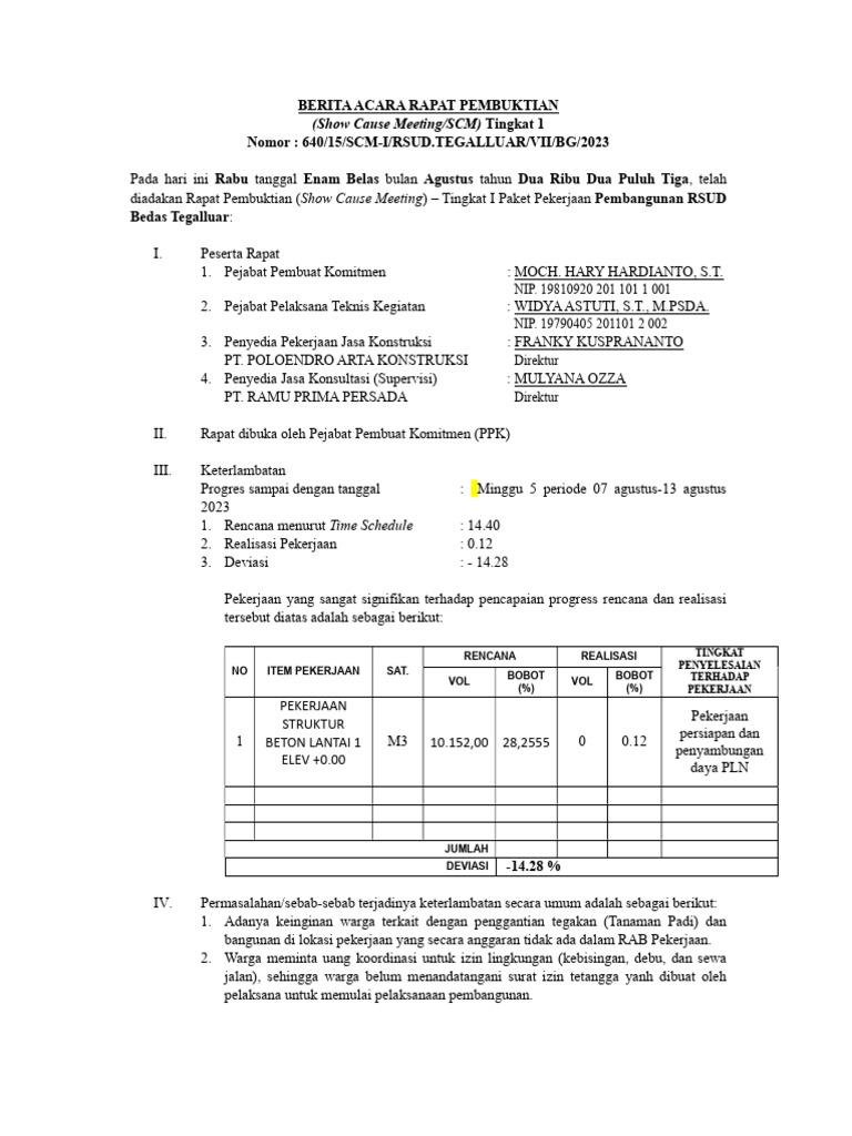 Berita Acara SCM 1 RSUD Tegalluar Tahap 1 (16!8!23) | PDF