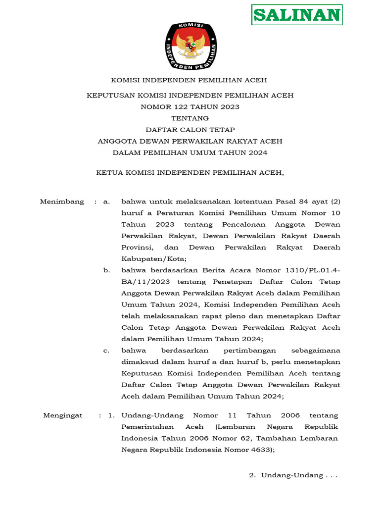 Keputusan Komisi Independen Pemilihan (KIP) Aceh Tentang Penetapan Daftar Calon Tetap (DCT ...