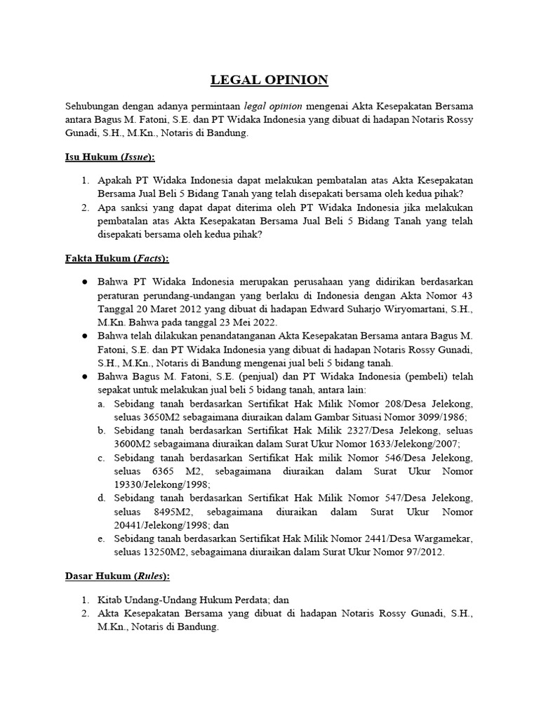 Final - Legal Opinion Mengenai Pembatalan Pembelian 5 Bidang Tanah PT ...