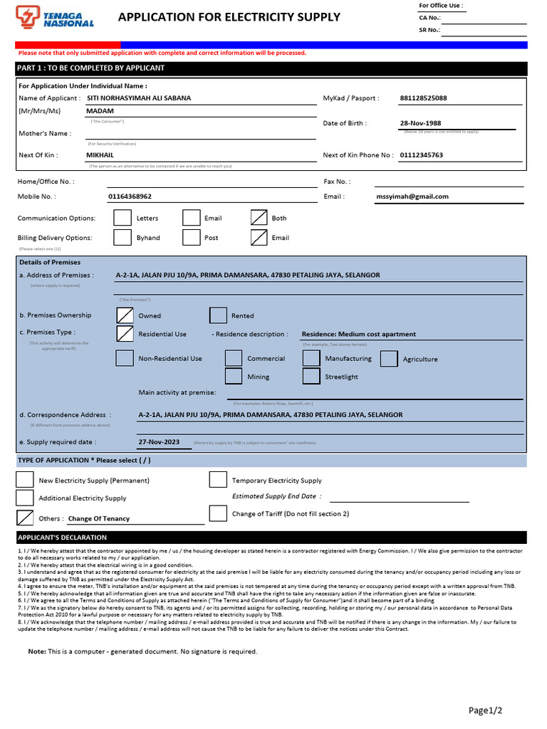 Electricity Supply Application Form | PDF | Leasehold Estate | Bankruptcy