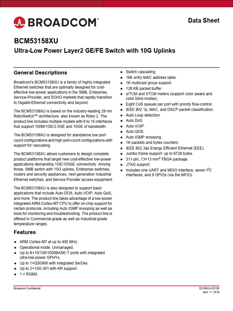 Broadcom Bcm53158xub1kfbg Apr22 Xonlink | PDF | Network Switch | Duplex ...