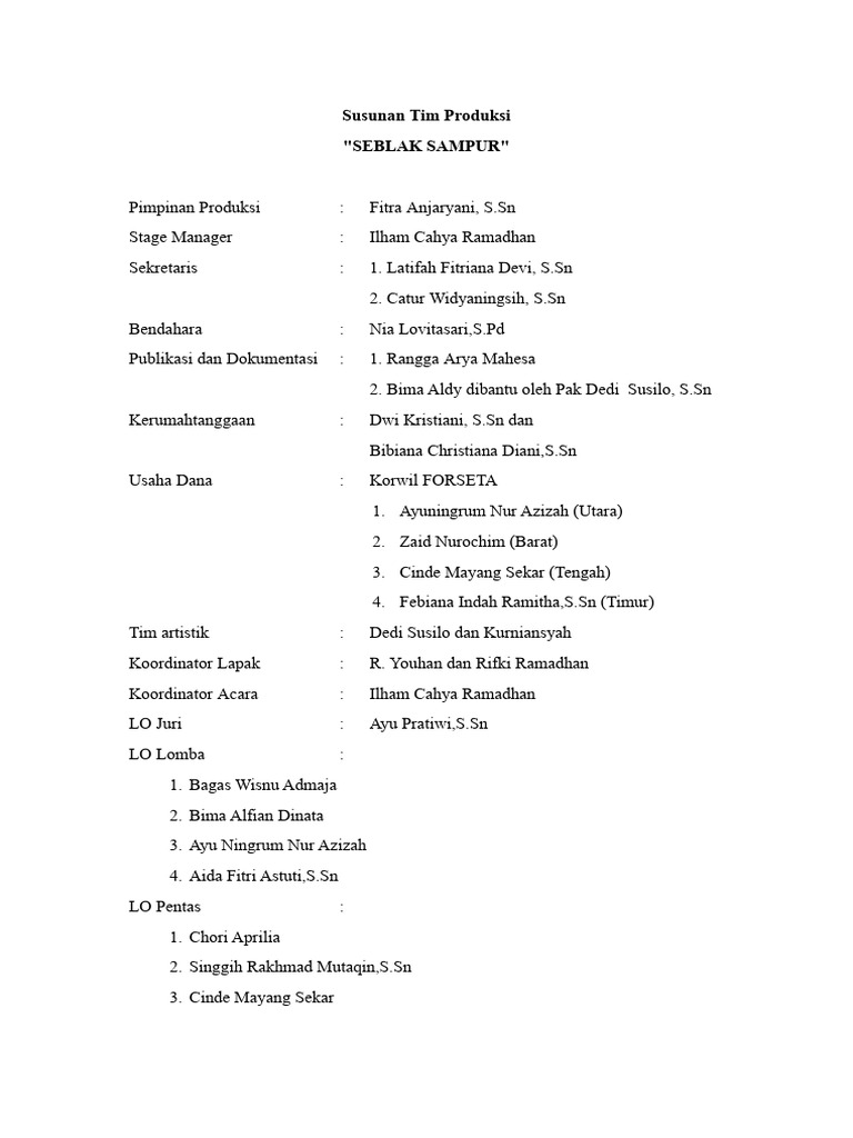 Susunan Tim Produksi SEBLAK SAMPUR | PDF