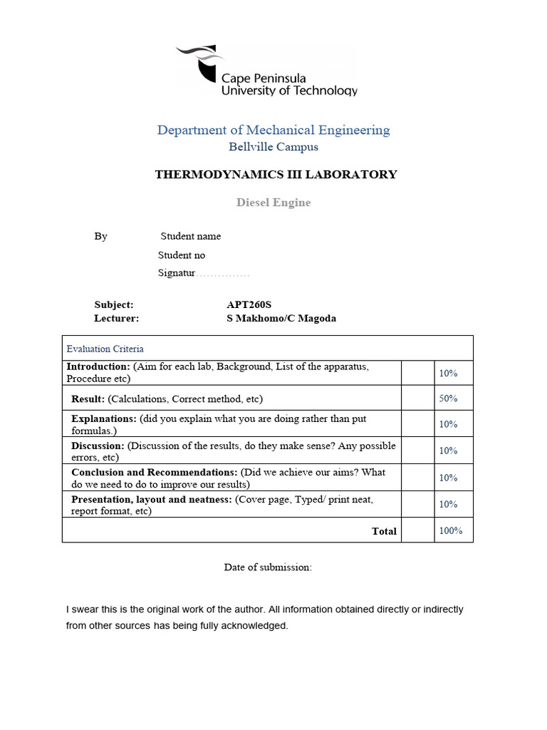 Diesel Engine Lab2023 | PDF | Engines | Experiment