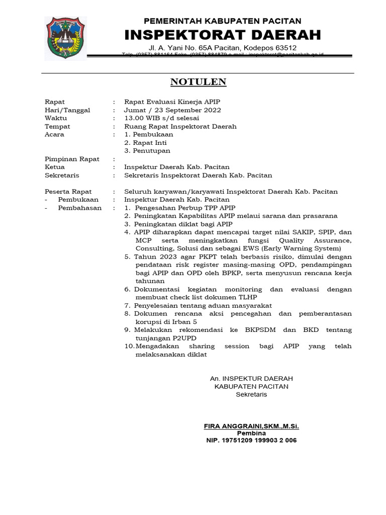 Notulen Rapat Evaluasi Kinerja 26-09-2022 | PDF