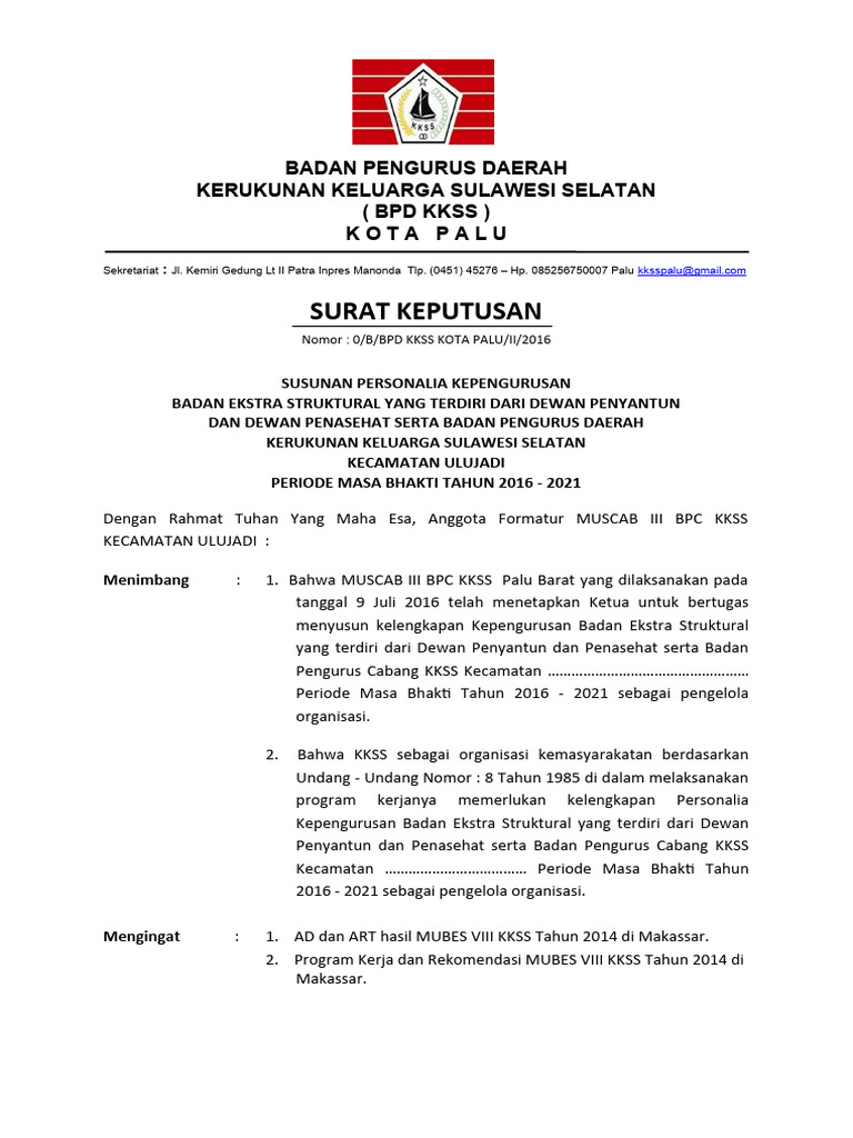 Format SK BPC KKSS Kecamatan Tatanga | PDF