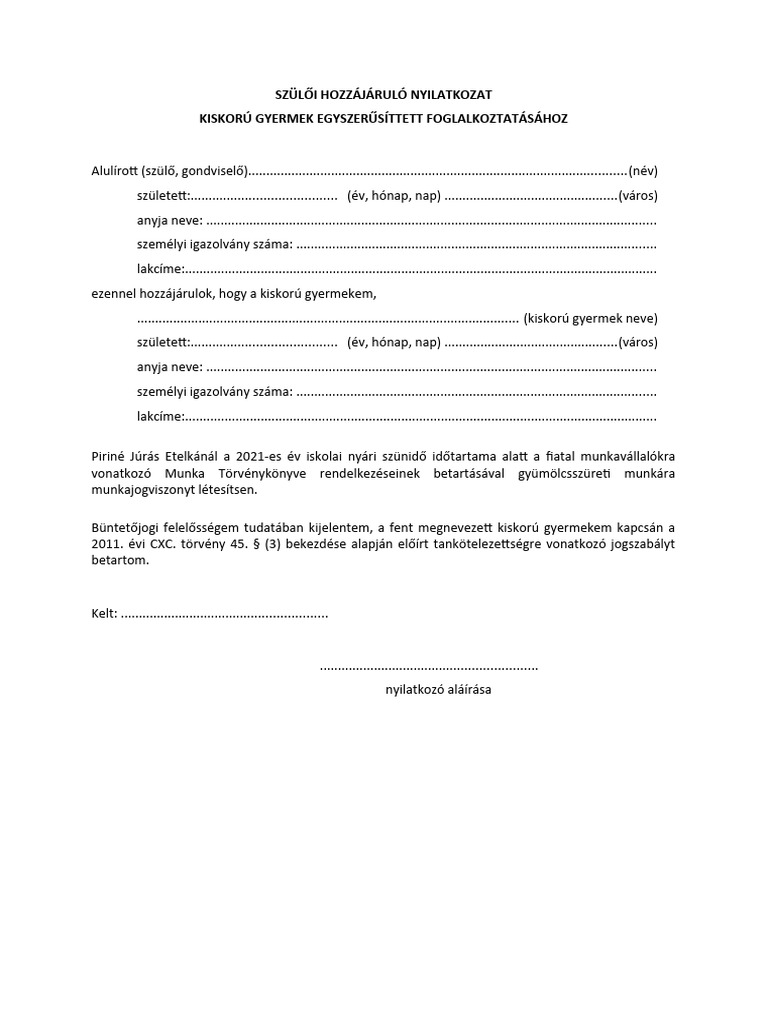 Szuloi Hozzajarulo Nyilatkozat | PDF Szuloi Hozzajarulo Nyilatkozat | PDF