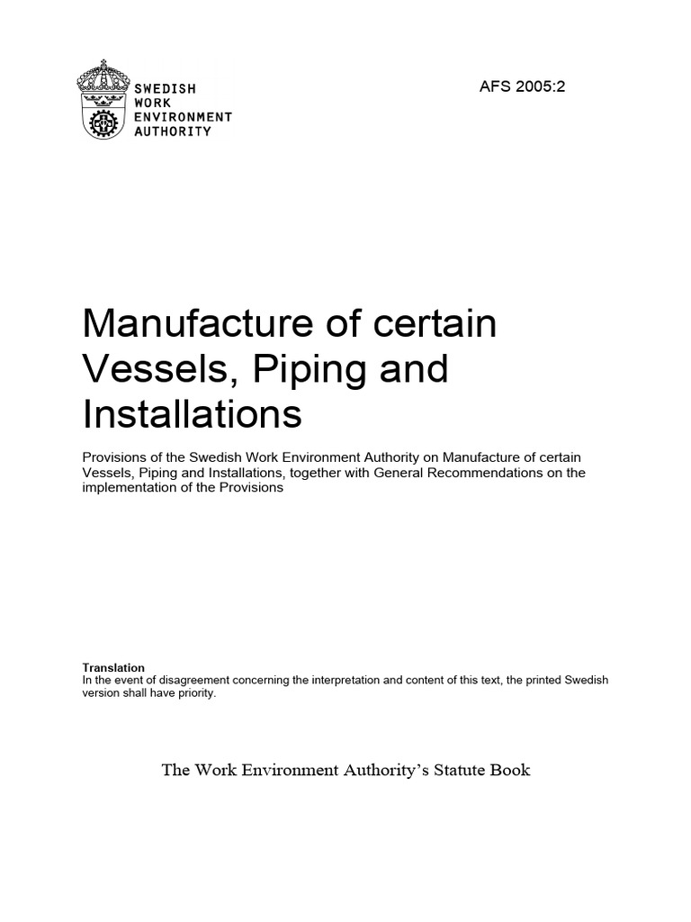 AFS 2005:2 on Vessel and Piping Safety | PDF | Strength Of Materials ...