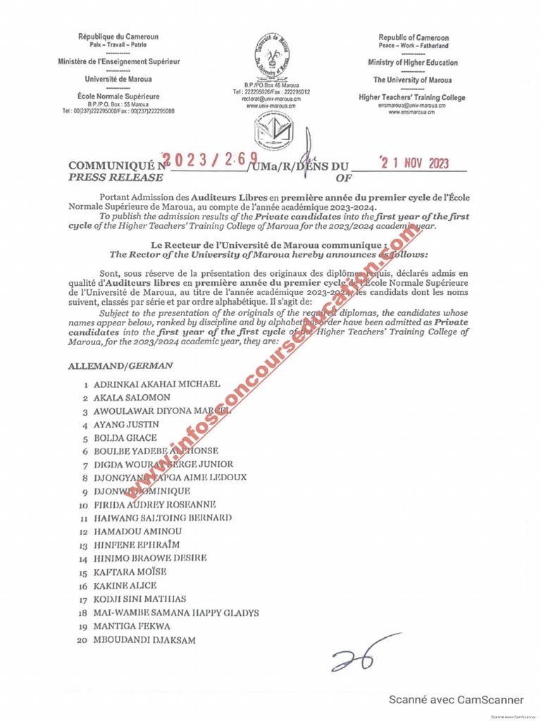 Résultats Auditeurs Libres ENS Maroua 2023-2024 Cycle 1 | PDF