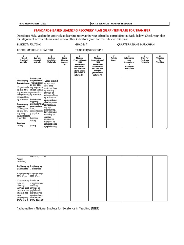 FIL 7.2 SLRP For Transfer Template 2 | PDF | Learning | Cognition