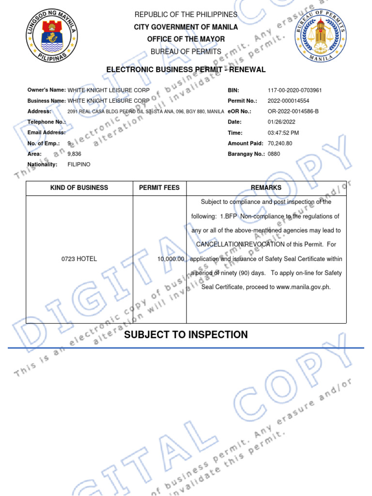 White Knight Hotel St. Anne Business Permit 2022 | PDF | Economies | Government