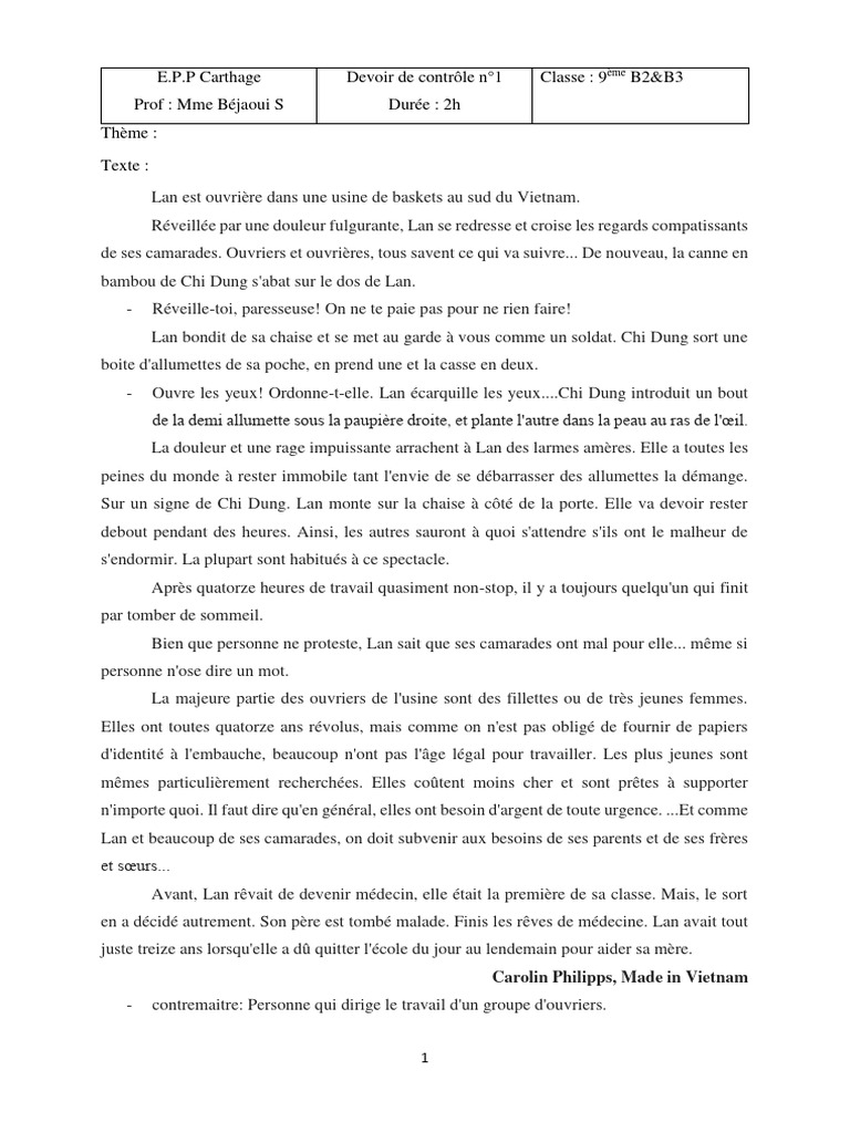 Devoir de Contrôle 9ème | PDF | Grammaire | Linguistique