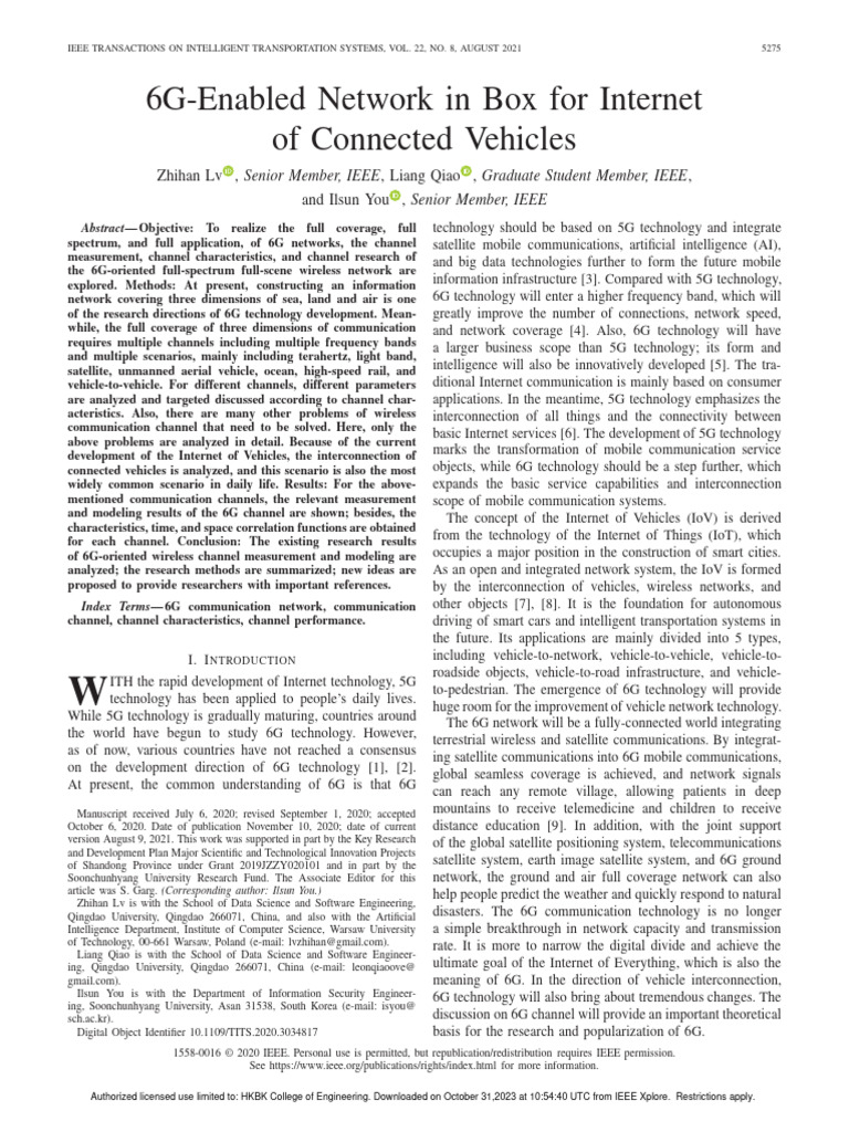 6G-Enabled Network in Box For Internet of Connected Vehicles | PDF ...