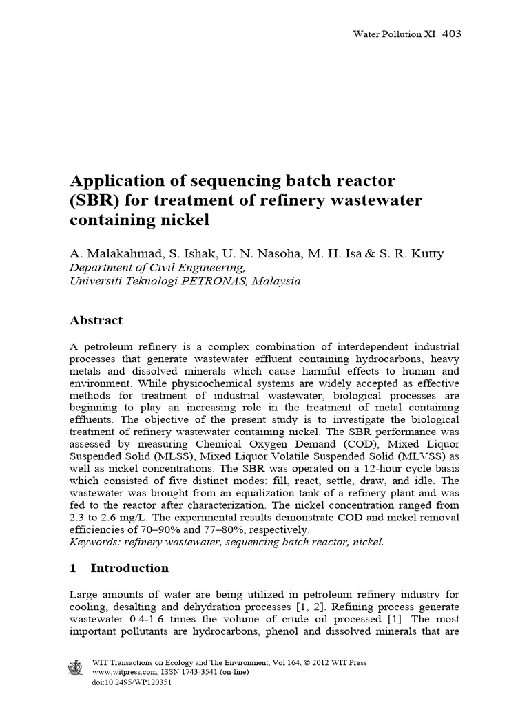 Application of Sequencing Batch Reactor SBR For Treatment of Refinery Wastewater Containing ...