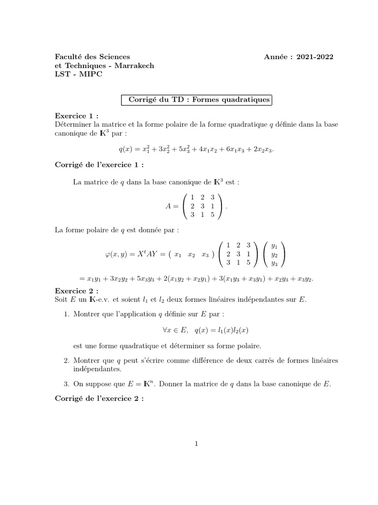 Corrigé des exercices sur formes quadratiques | PDF | Matrice ...