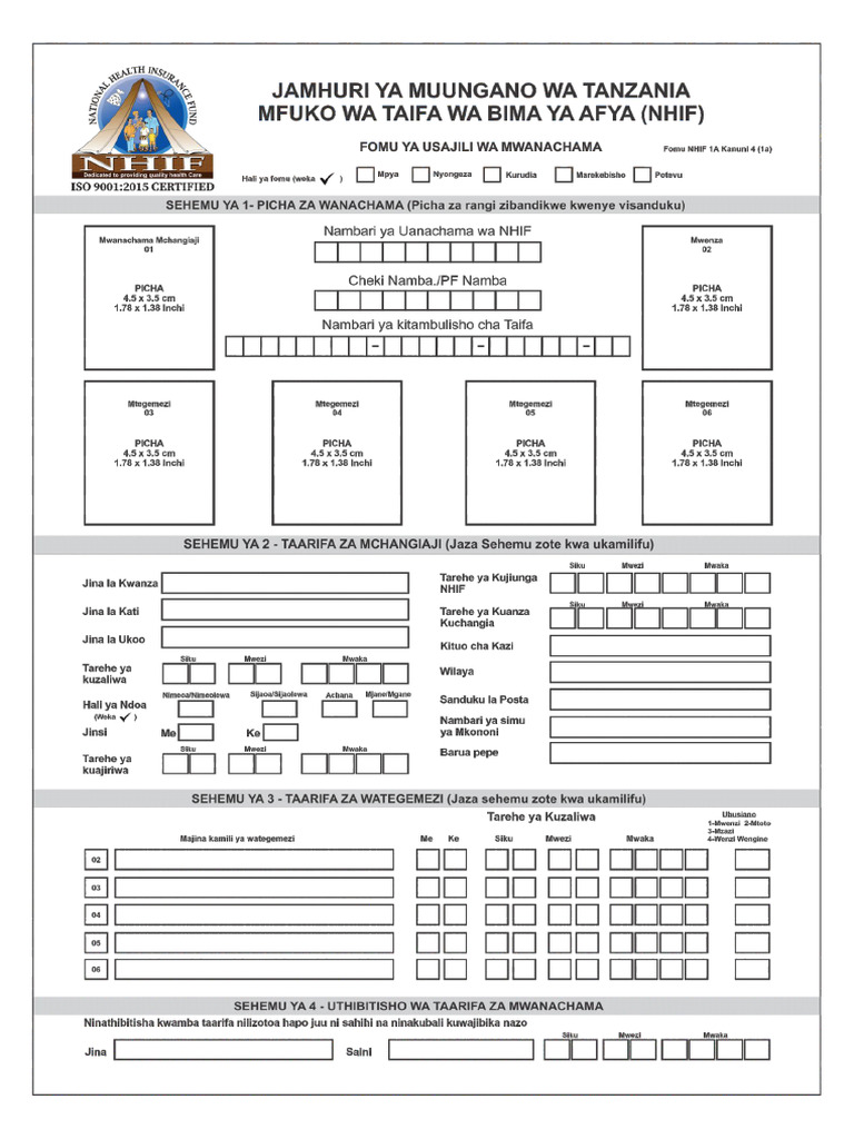 Fomu Ya Usajili Wa Mwanachama NHIF 1A-Min | PDF