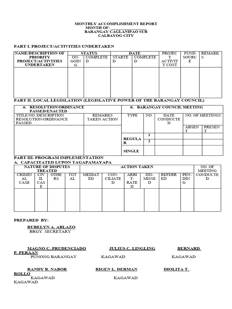 Monthly Accomplishment Report | PDF