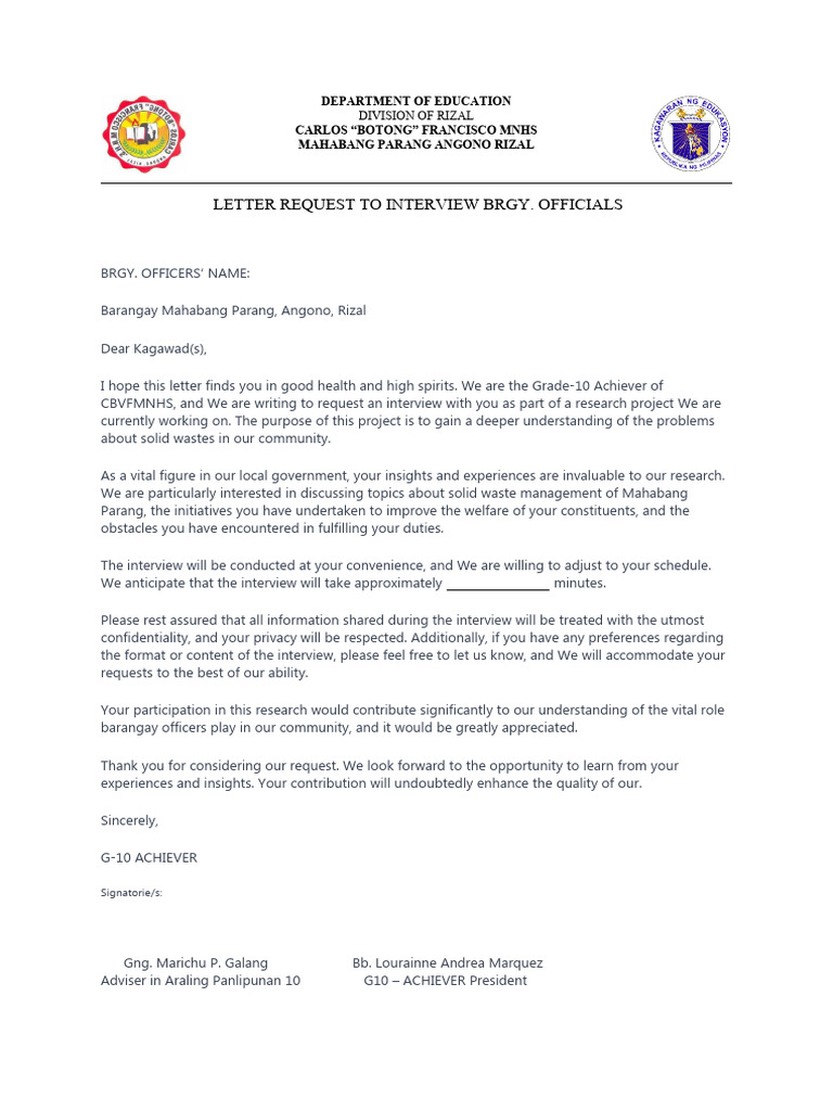 Letter Request To Interview Brgy. Officials | PDF