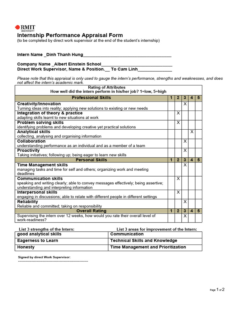 Internship Performance Appraisal Form Download Free Pdf Information
