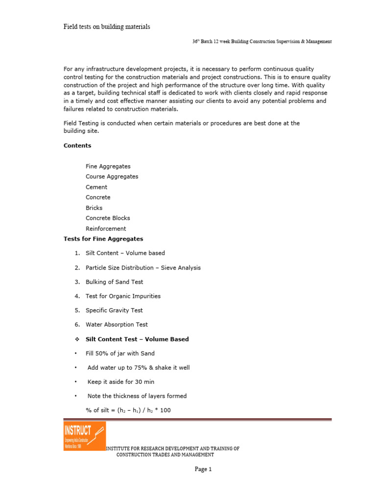 Building Materials Field Testing Guide | PDF | Concrete | Construction ...