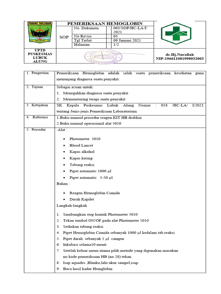 Sop Pemeriksaan HB | PDF
