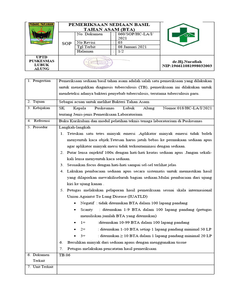 Sop Pemeriksaan Bta | PDF