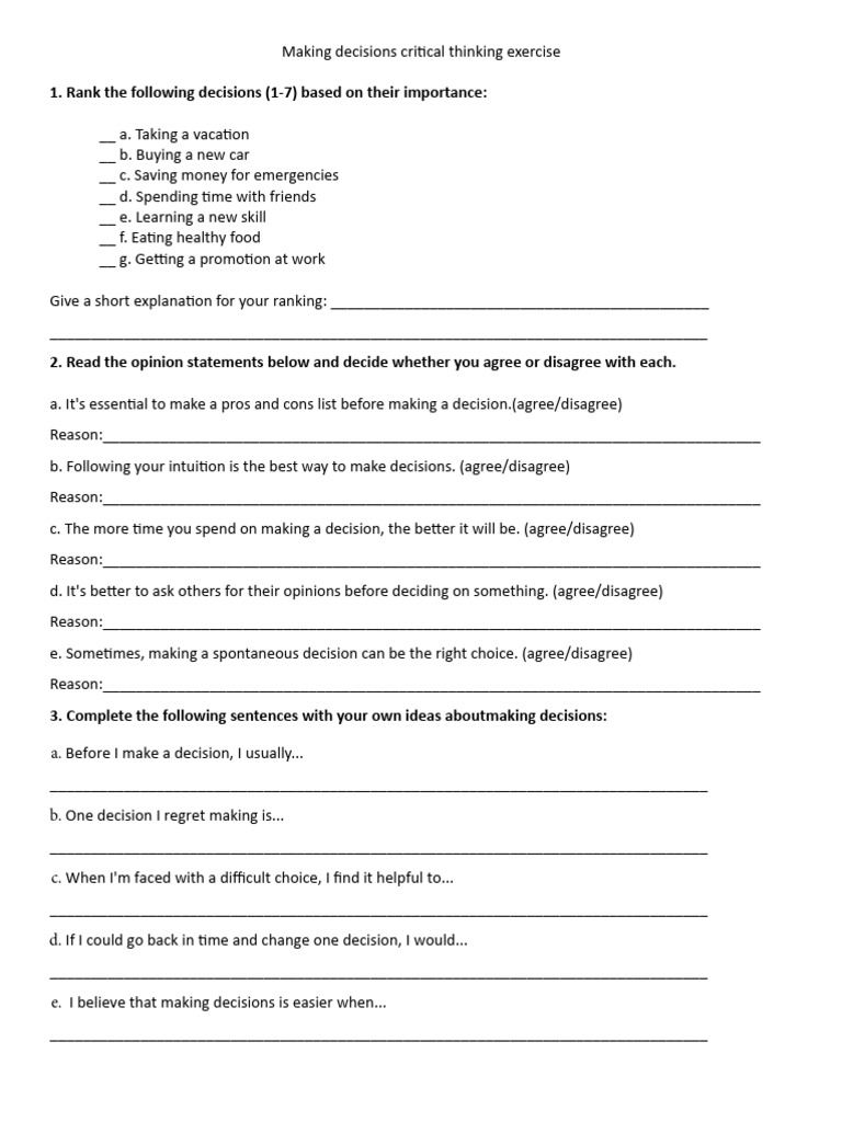 Making Decisions Critical Thinking Exercise | PDF | Decision Making | Cognitive Psychology