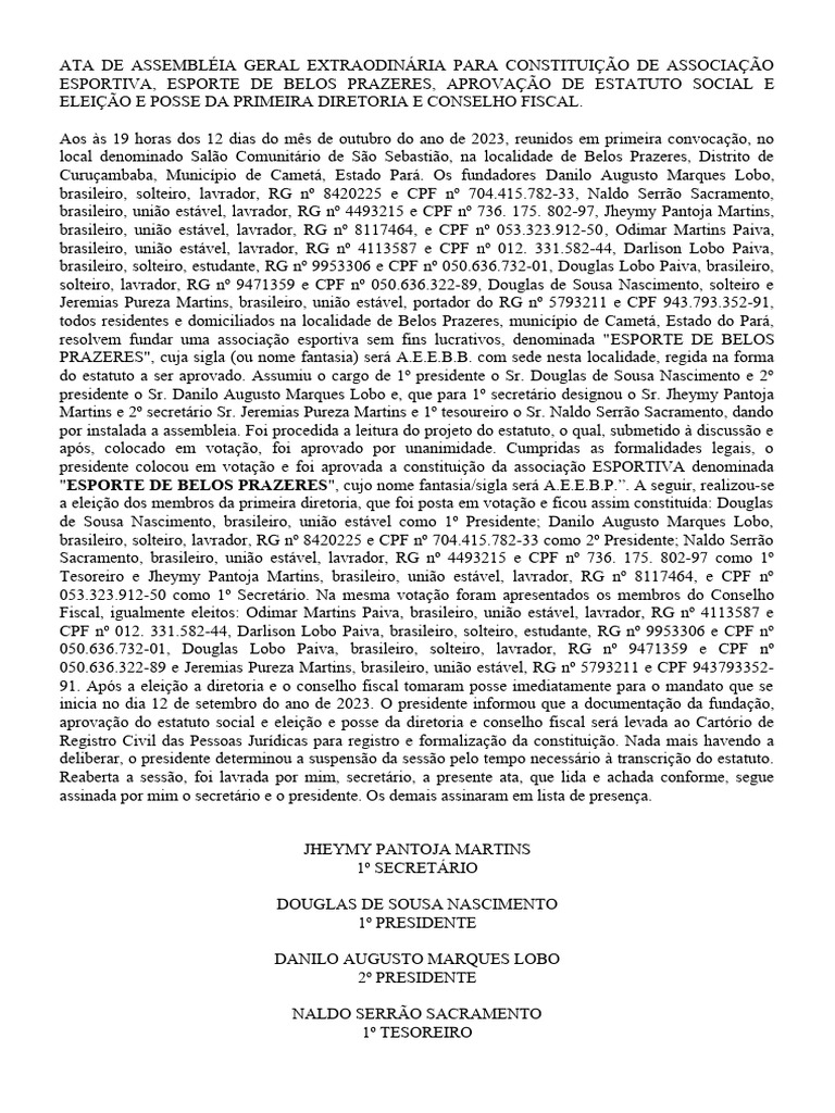 Ata Constituicao Associacao | Download grátis PDF | União estável | Governo