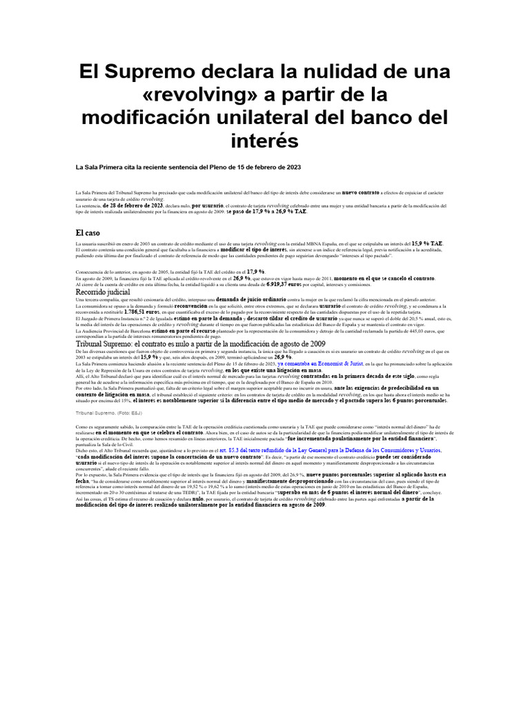 El Supremo Declara La Nulidad de Una | PDF | Tarjeta de crédito | Interés