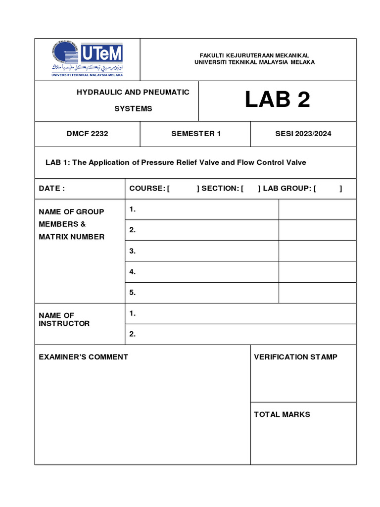 Lab 02 The Application of Pressure Relief Valve and Flow Control Valve ...
