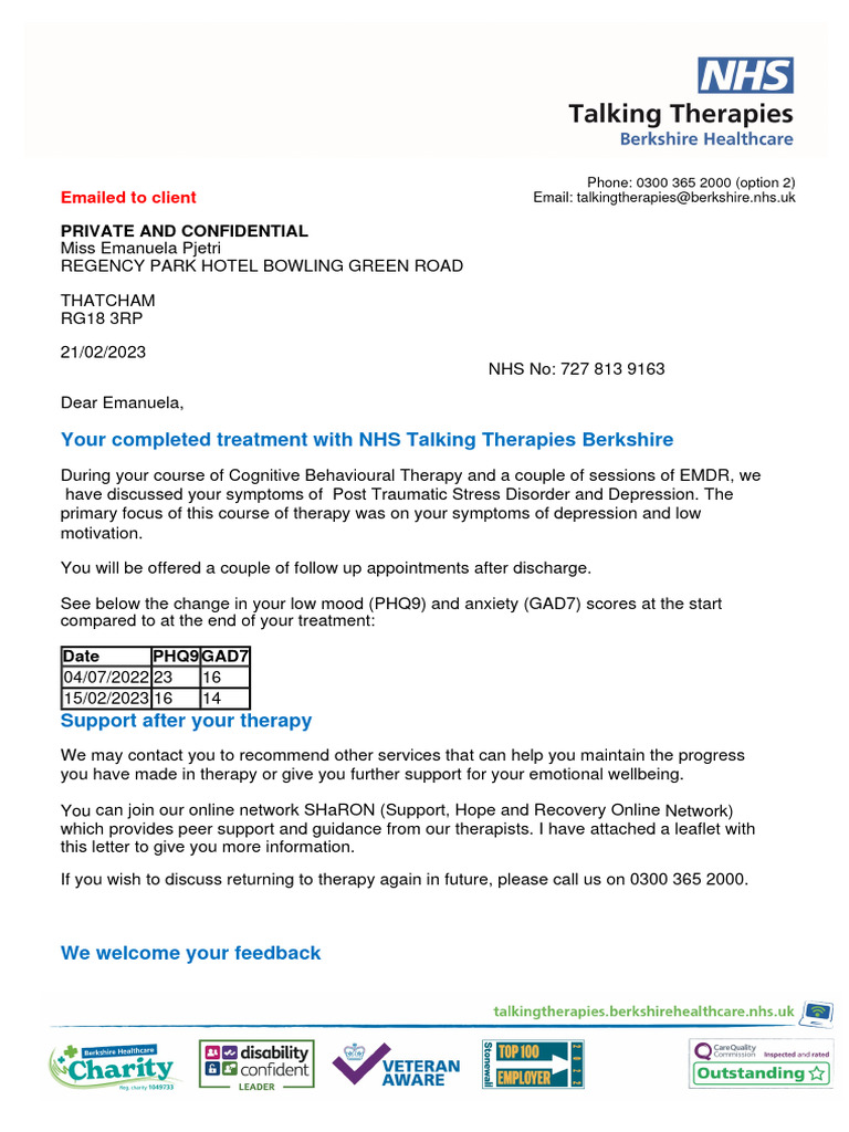 Your Completed Treatment With NHS Talking Therapies Berkshire | PDF
