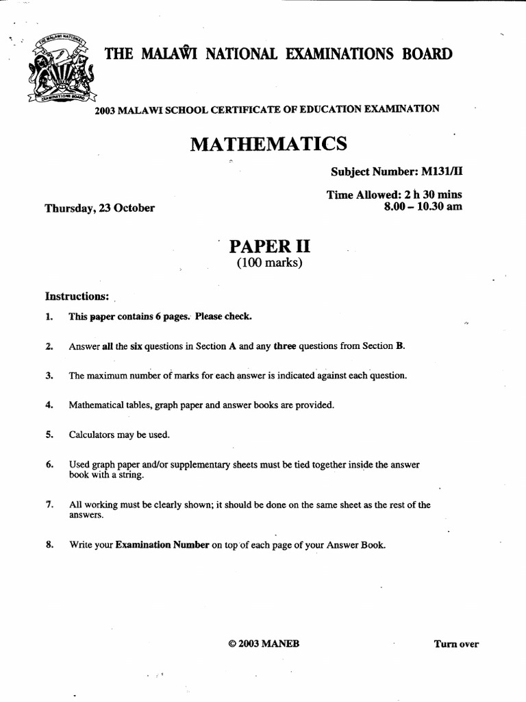 2003msce Math Paper | PDF