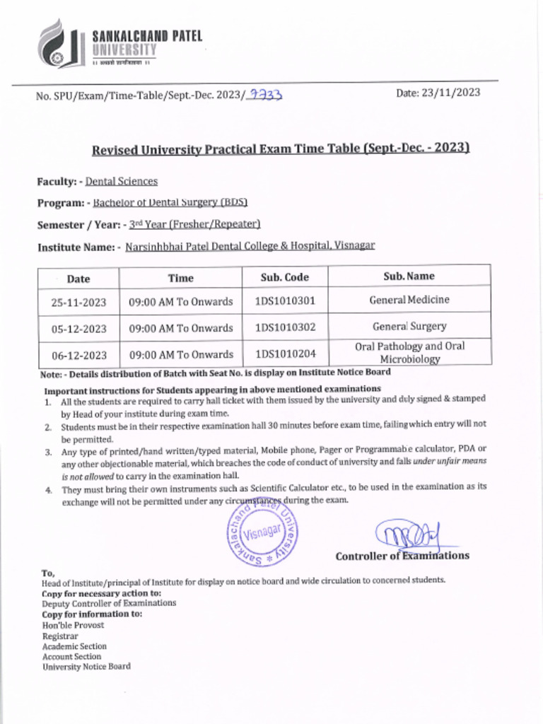 Revised BDS Year 3 PR Time Table | PDF
